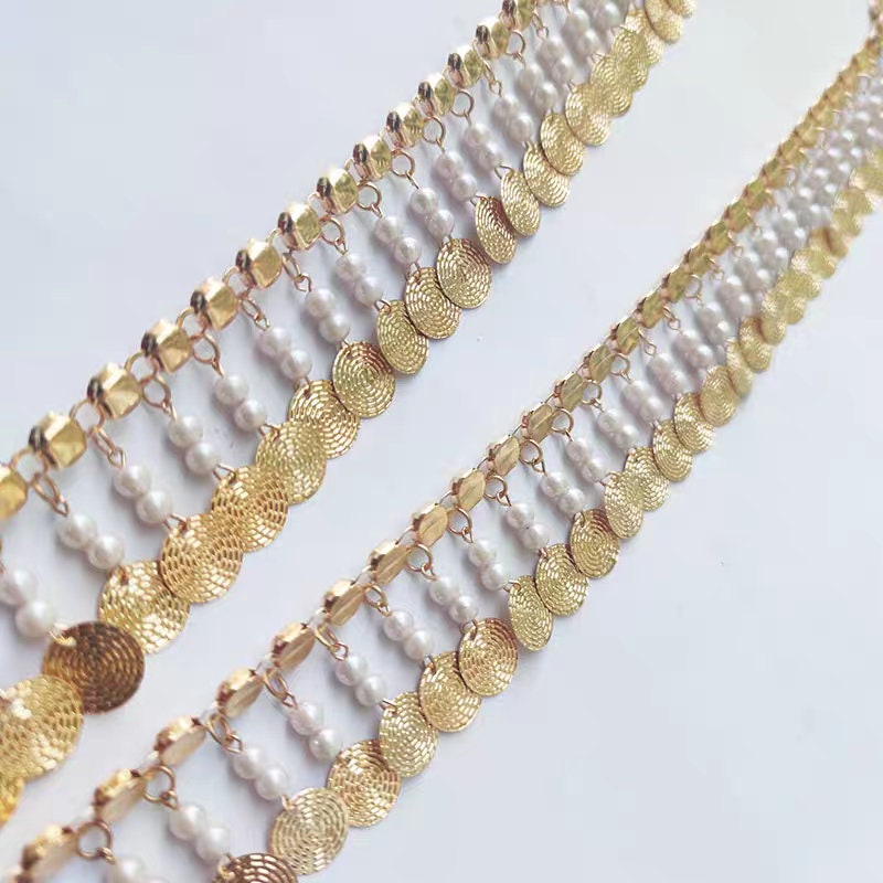 Handmade 91cm Long 4cm Wide Pearl and Gold Metallic Sequins Beaded ...