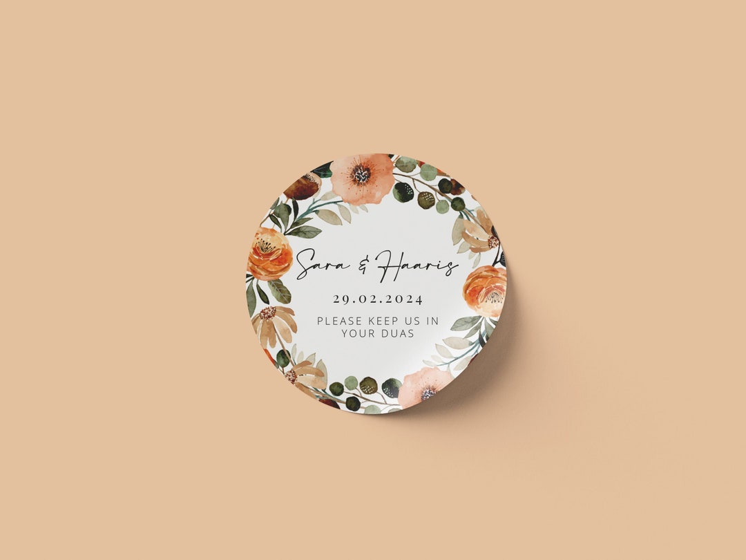 Personalised Nikkah Autumnal Floral Stickers, Floral Design Stickers ...