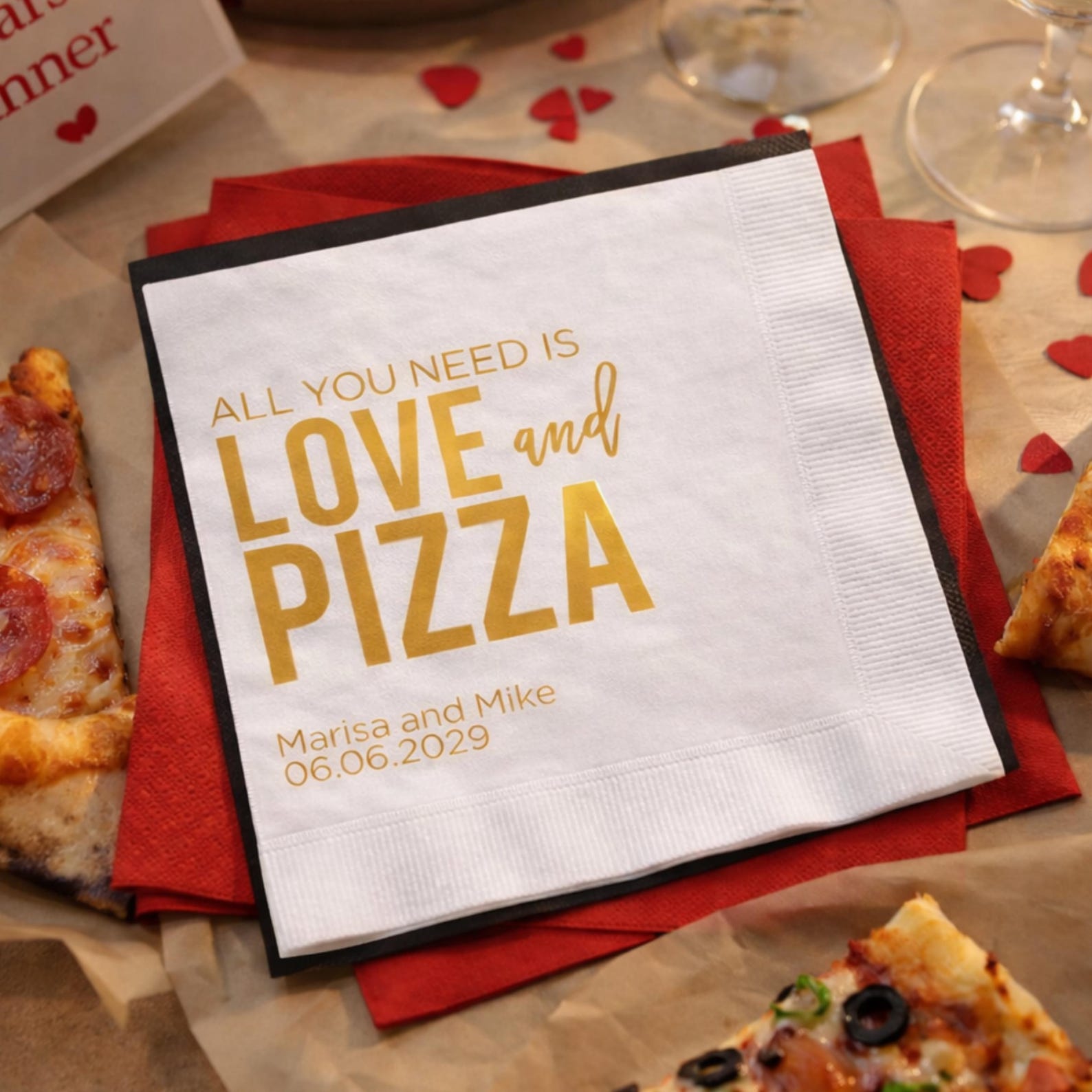 All You Need is Love and Pizza, Custom Wedding Napkins, Rehearsal ...