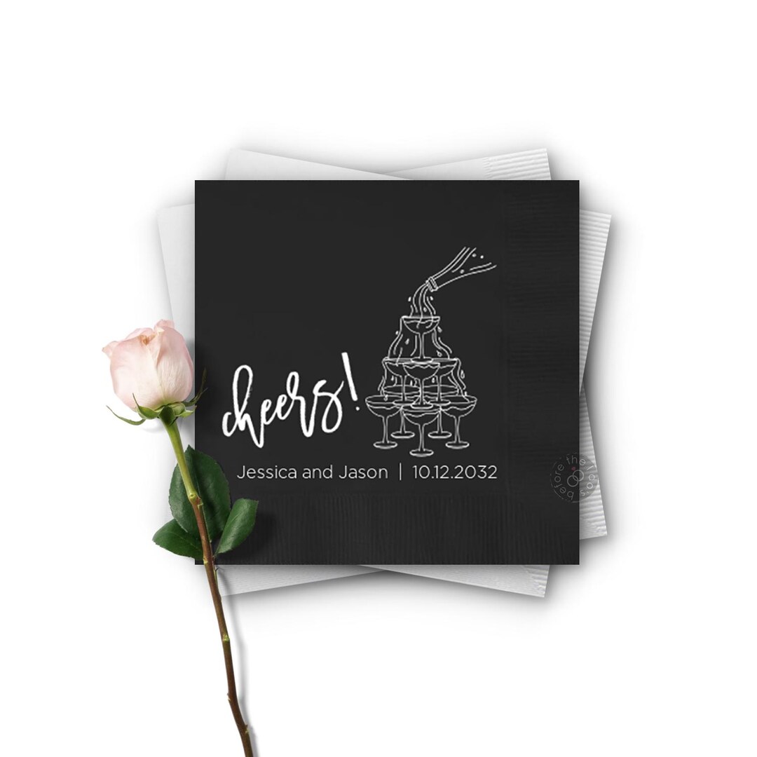 Cheers Champagne Tower Wedding Napkins, Personalized Cocktail Wedding ...