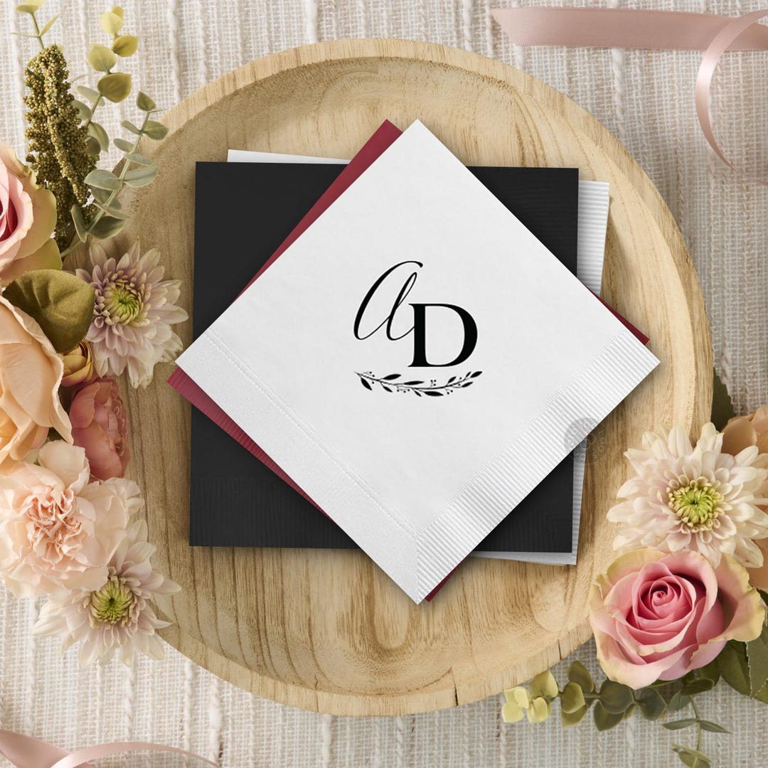 Custom Monogram Initials Wedding Napkins Initial Napkins, Leaf Accent ...