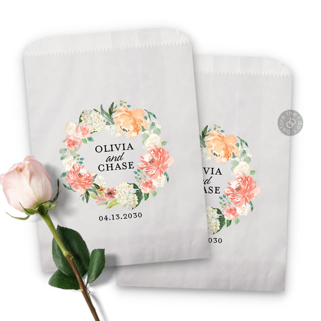 Peach and Blush Pink Floral Wreath Favor Bags - Pretzel Favor Bag ...