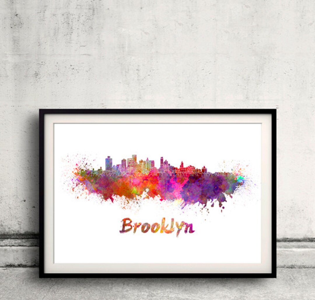 Brooklyn Skyline in Watercolor Over White Background With Name of City ...