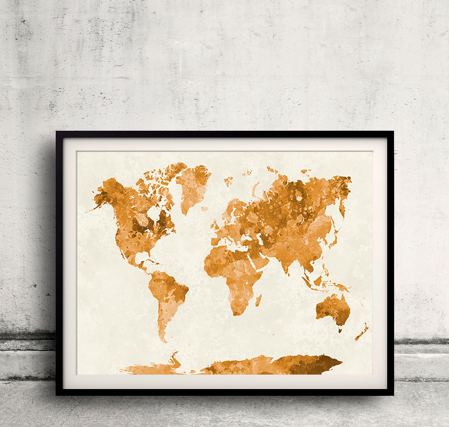 World map in watercolor orange painting abstract splatters | Etsy