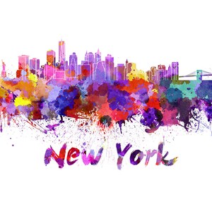 New York Skyline in Watercolor Over White Background With Name of City ...