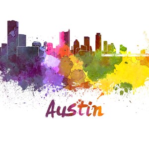 Austin Skyline in Watercolor Over White Background With Name of City ...
