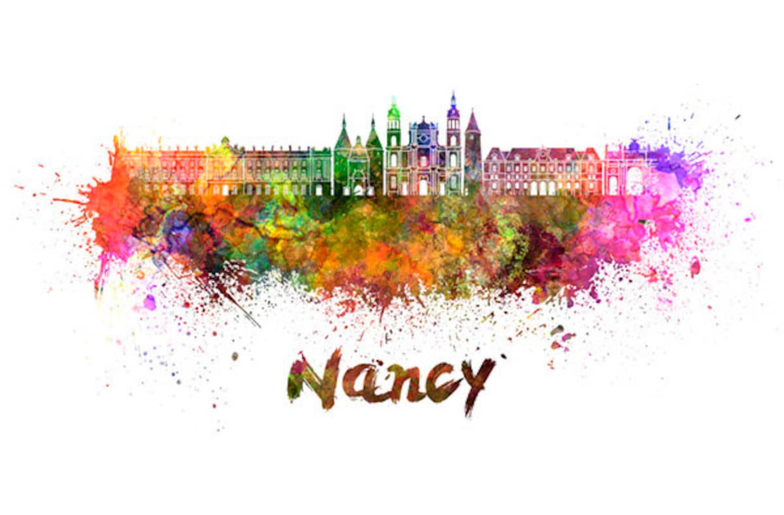 Nancy skyline en acuarela sobre fondo blanco con el nombre de - Etsy España