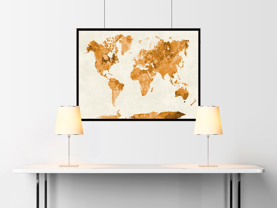 World map in watercolor orange painting abstract splatters | Etsy