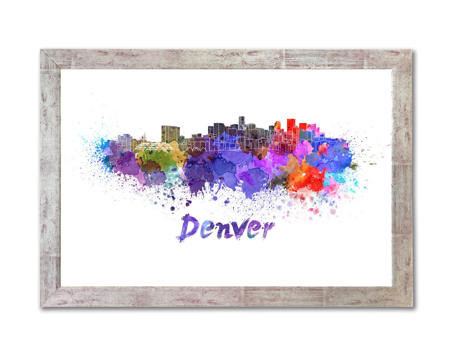 Denver Skyline in Watercolor Over White Background With Name of City ...