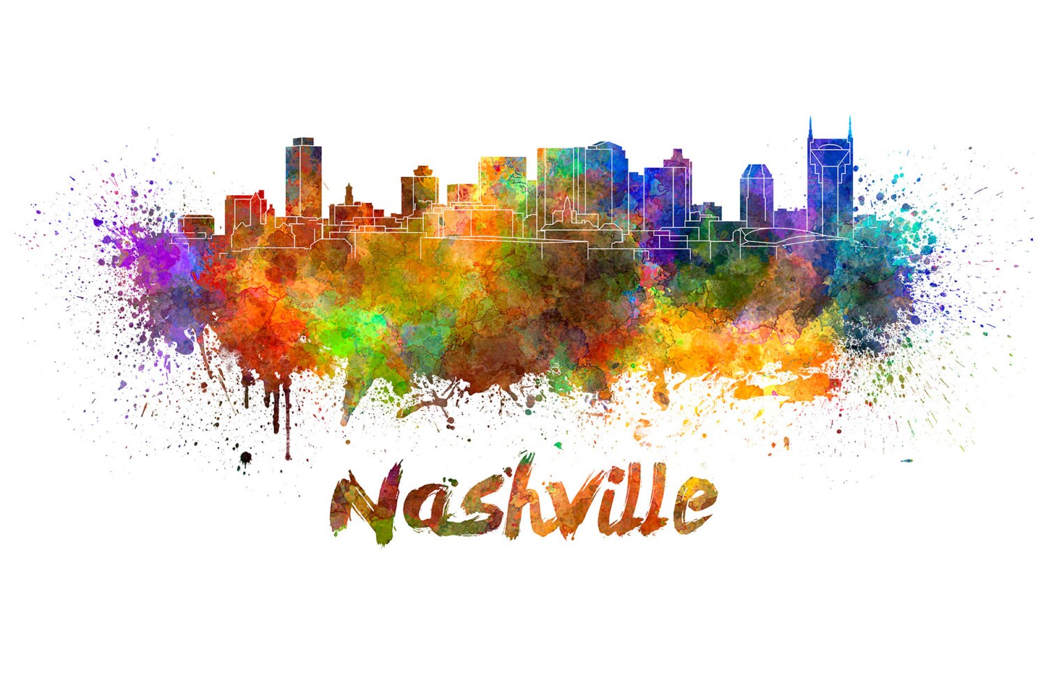 Nashville Skyline in Watercolor Over White Background With - Etsy