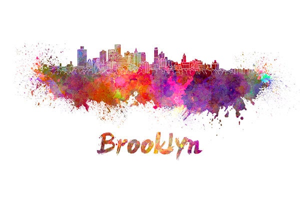 Brooklyn Skyline in Watercolor Over White Background With Name of City ...
