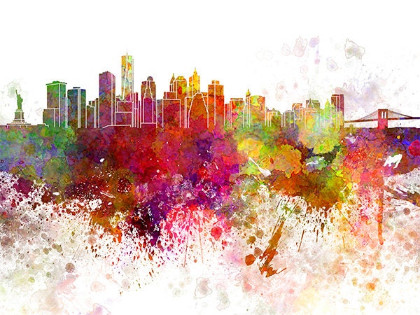 New York Skyline in Watercolor Background SKU 1136 - Etsy