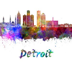 Detroit Skyline in Watercolor Over White Background With Name of City ...