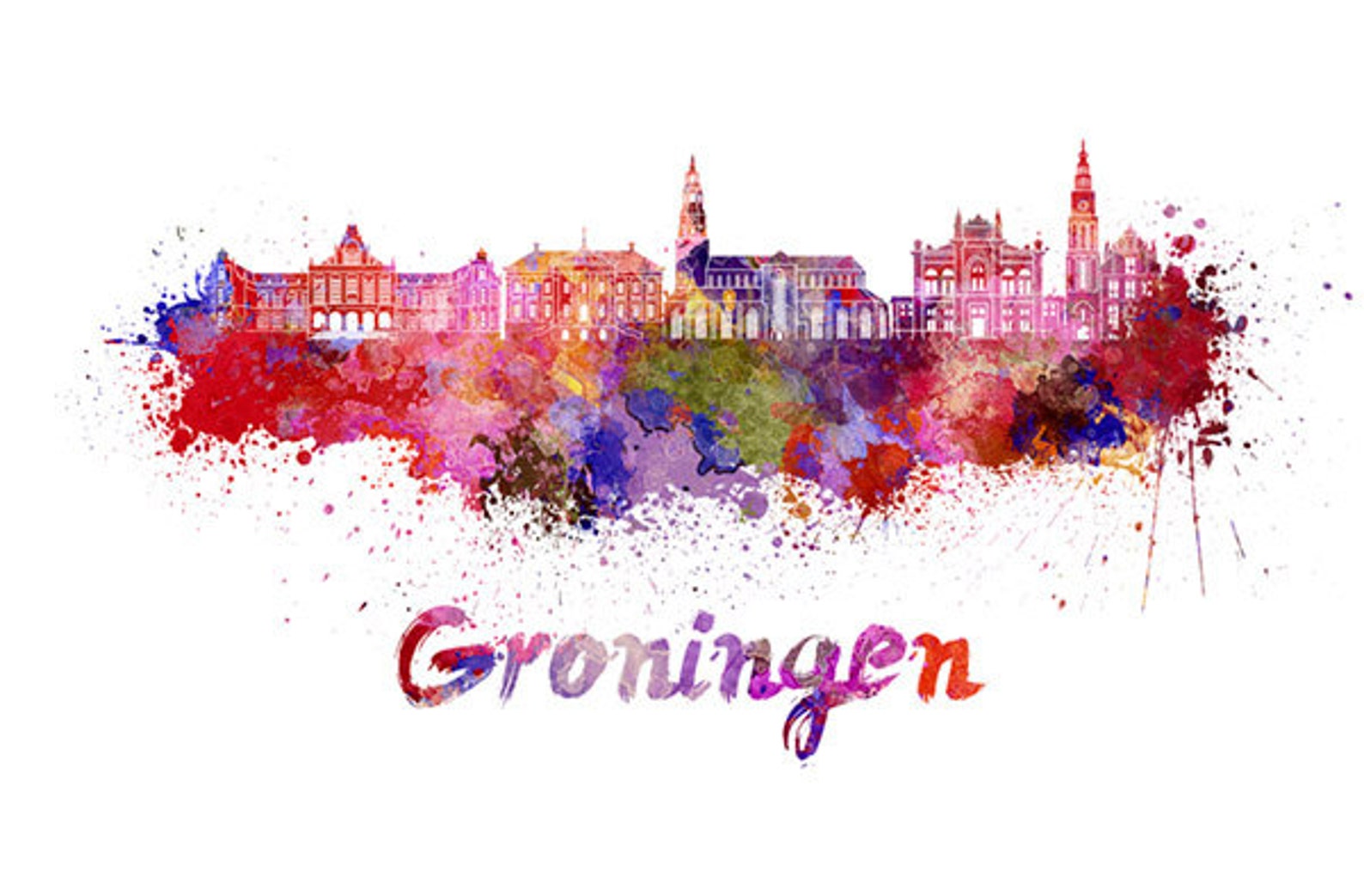 Groningen skyline in watercolor over white background with | Etsy
