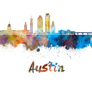 Austin Skyline in Watercolor Over White Background With Name of City ...