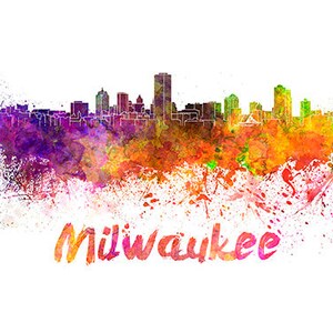 Milwaukee Skyline in Watercolor Over White Background With Name of City ...