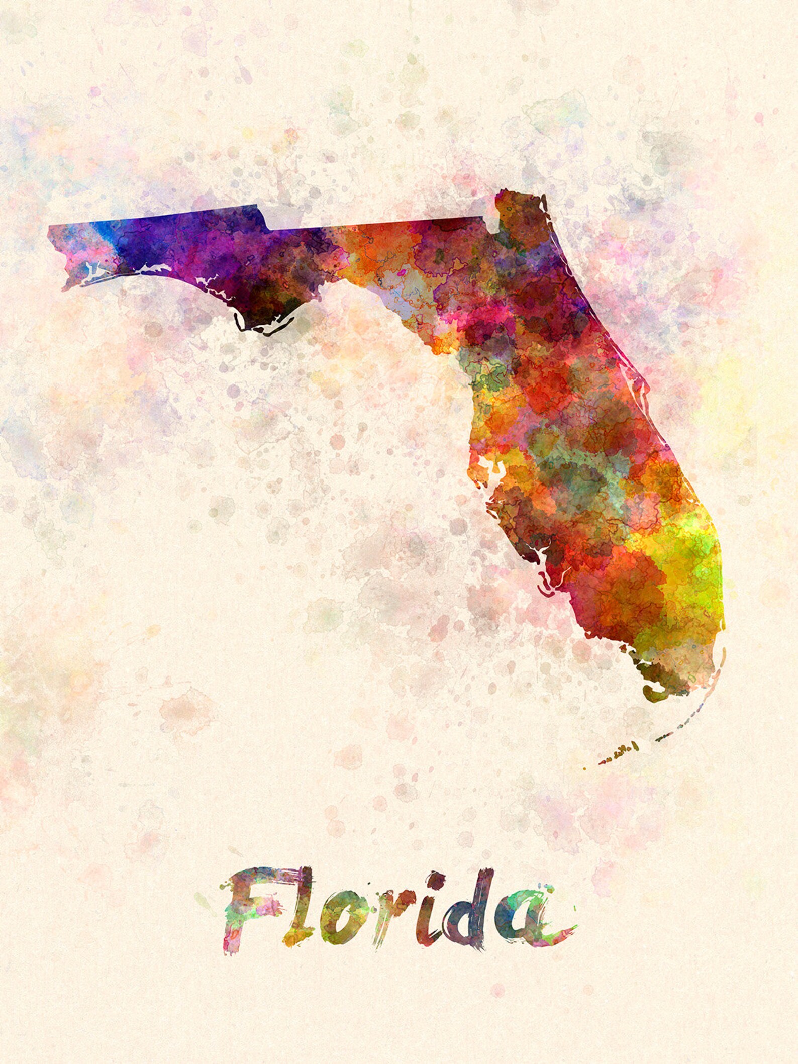 Florida State Map in Watercolor on Warm Background SKU 0860 - Etsy