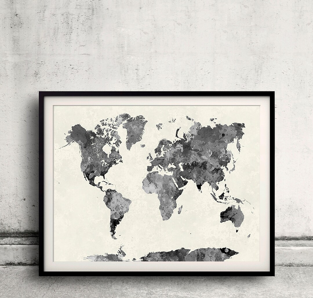 World Map in Watercolor Gray Painting Abstract Splatters SKU 0411 - Etsy