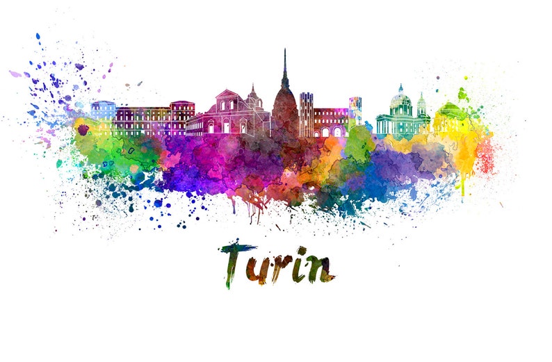 Turin skyline in watercolor over white background with name of | Etsy
