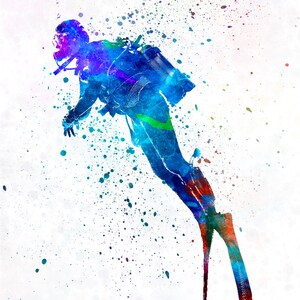 Man Scuba Diver 02 - Fine Art Print Glicee Poster Home Watercolor ...