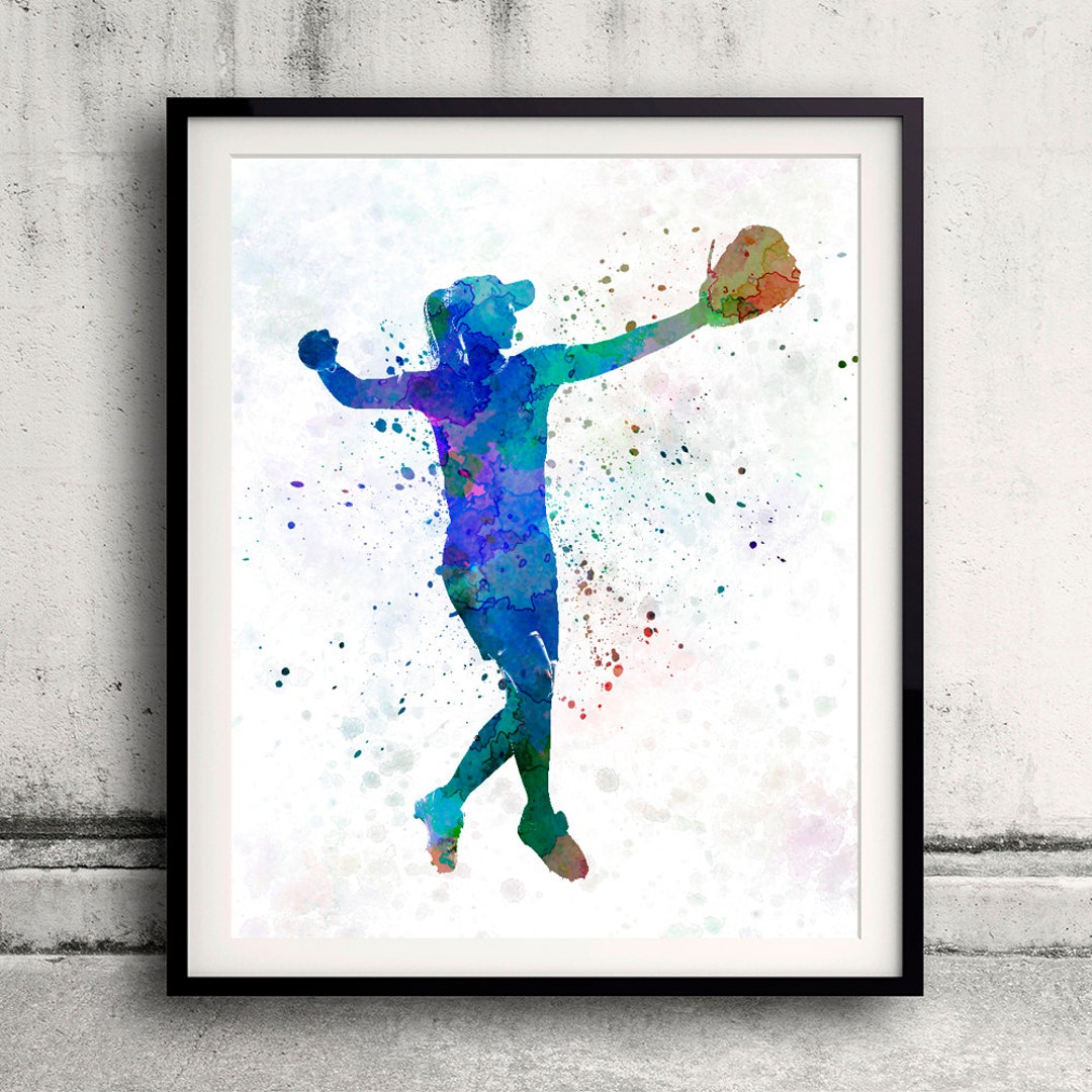 Woman Playing Softball 02 - Poster Watercolor Wall Art Gift Splatter ...