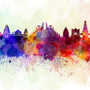Bali Skyline in Watercolor Background - Fine Art Print Glicee Poster ...