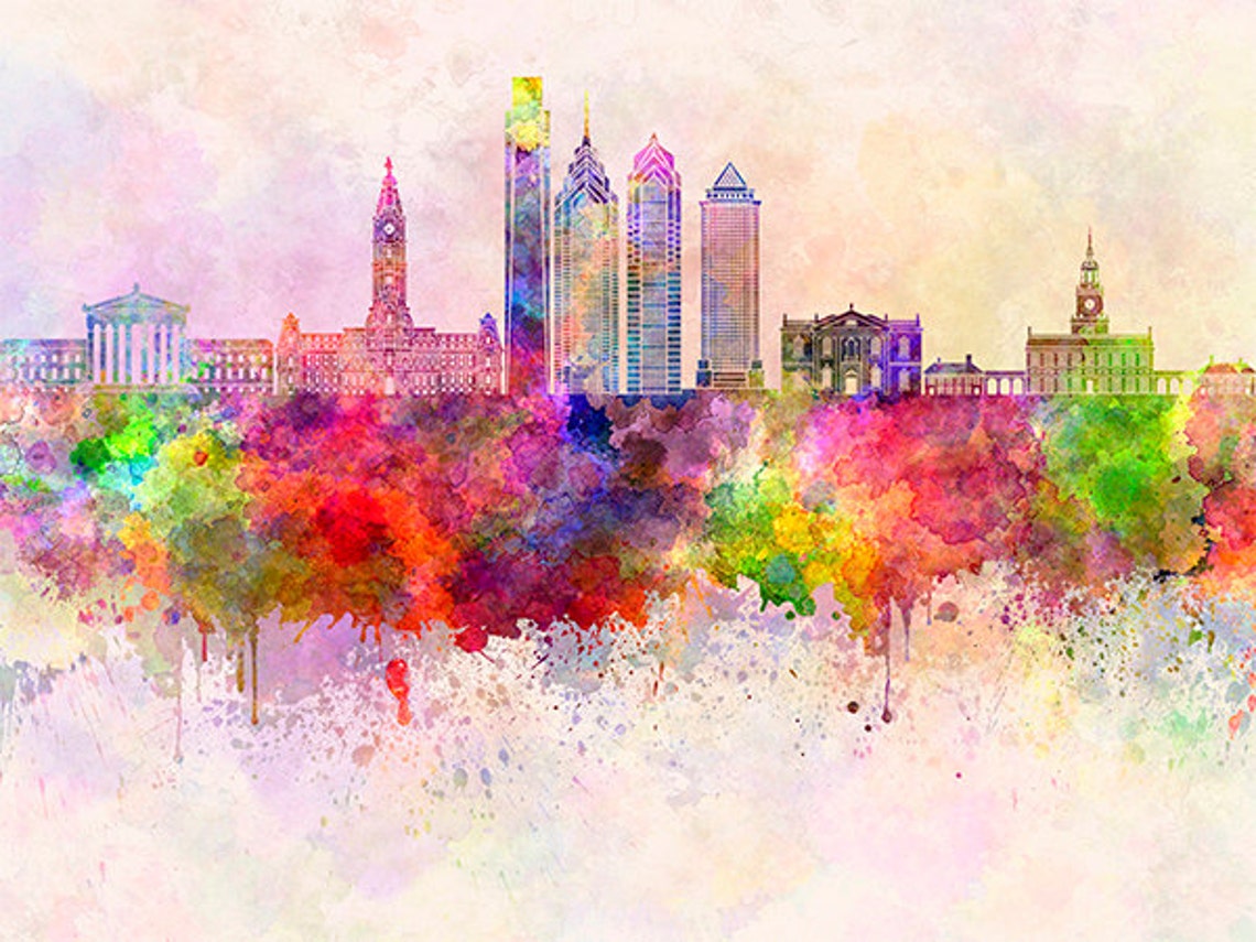 Philadelphia Skyline in Watercolor Background - Fine Art Print Glicee ...