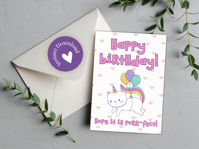 Printable Caticorn Birthday Card Kittycorn Card Cat Unicorn Party ...