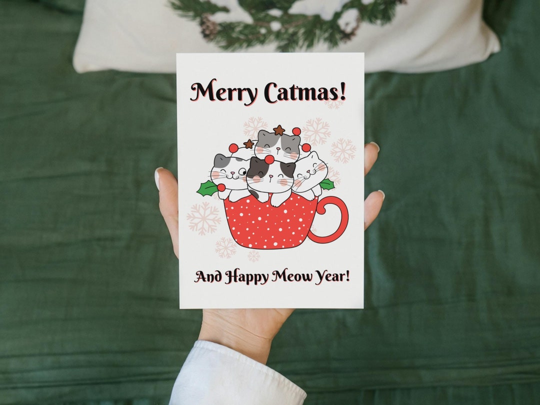 Merry Catmas Card, Happy Meow Year New Years Card, Meowy Christmas Card ...