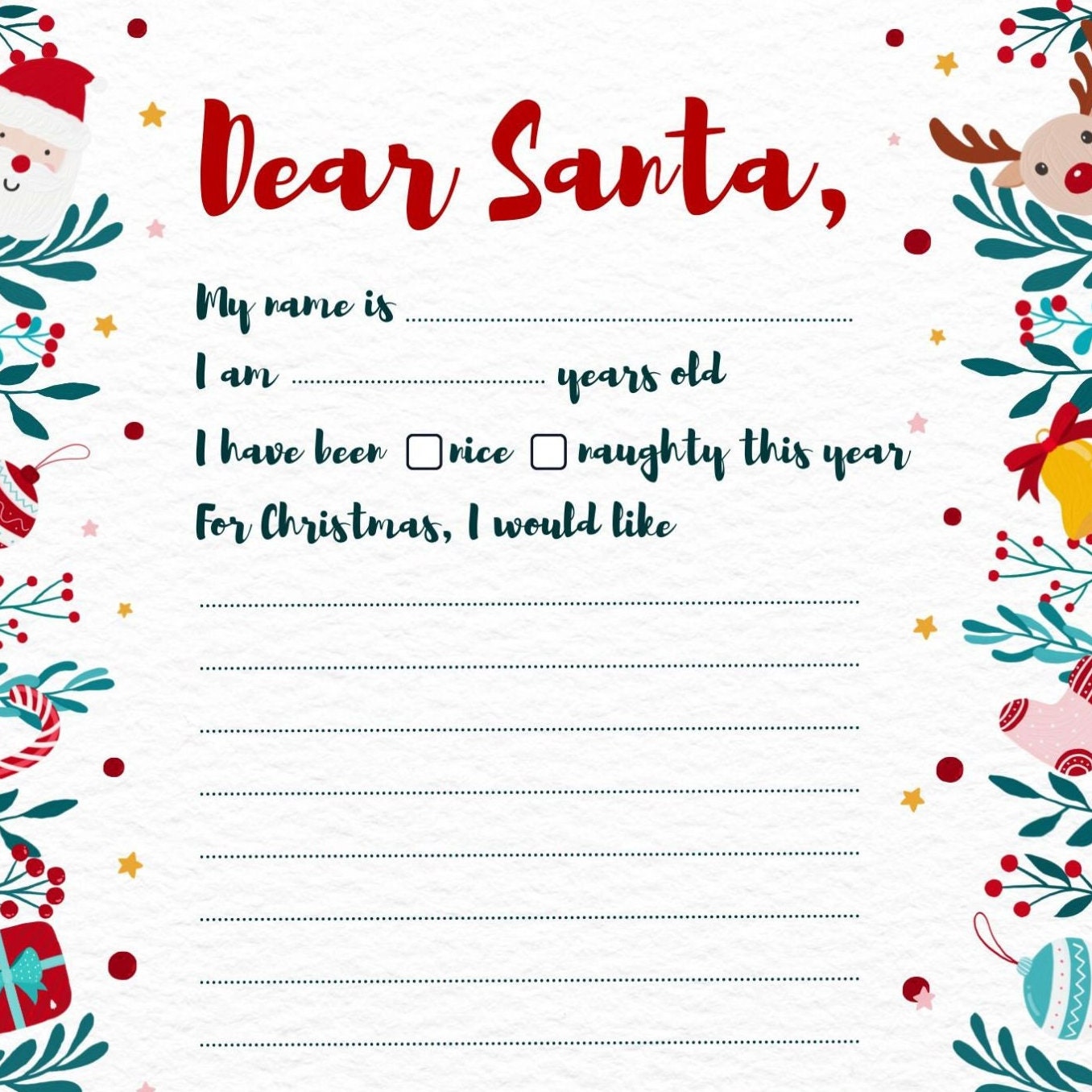 Dear Santa Letter | Instant Download | Letter to Santa Template | Cute ...