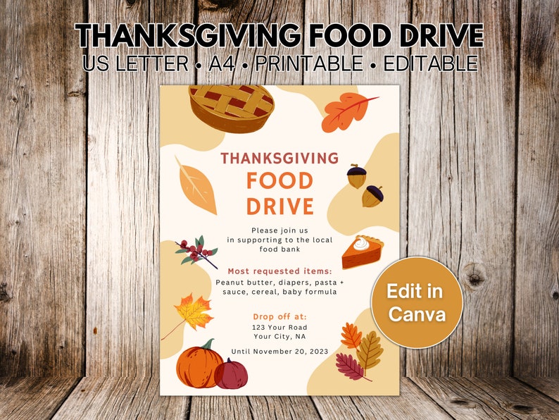 Editable Thanksgiving Food Drive Flyer Template Fall Food Drive Poster ...