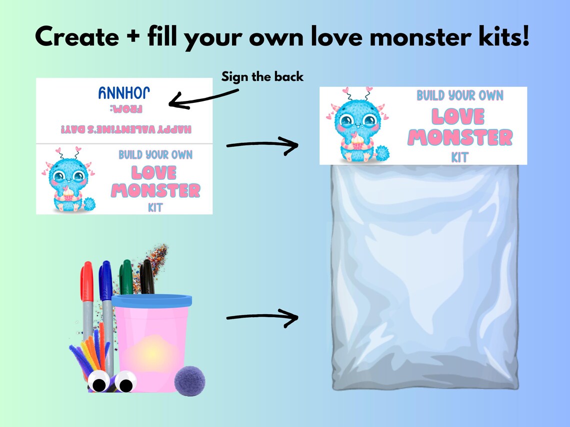 Printable Valentine's Love Monster Kit Bag Topper, Valentine Craft Kit ...