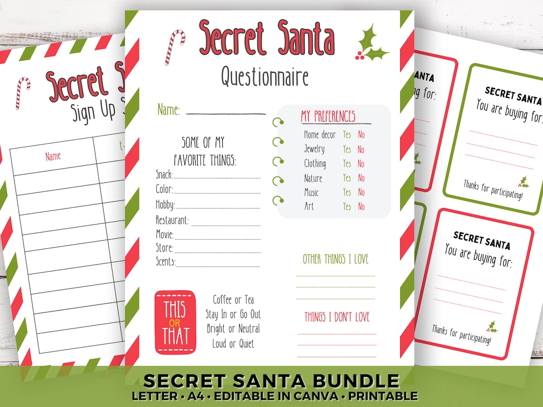 EDITABLE Secret Santa Questionnaire Printable Questions for Secret ...