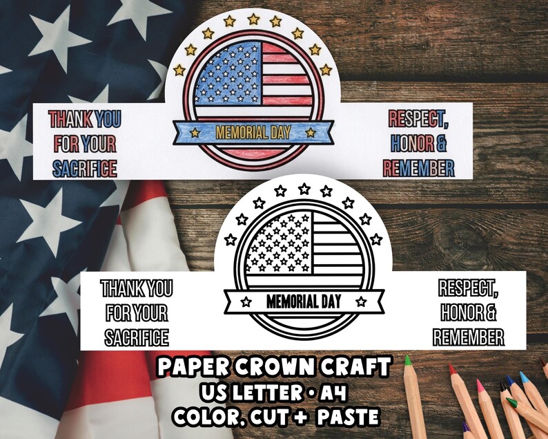 Memorial Day Paper Crown Coloring Craft, Veterans, Remember, Honor ...