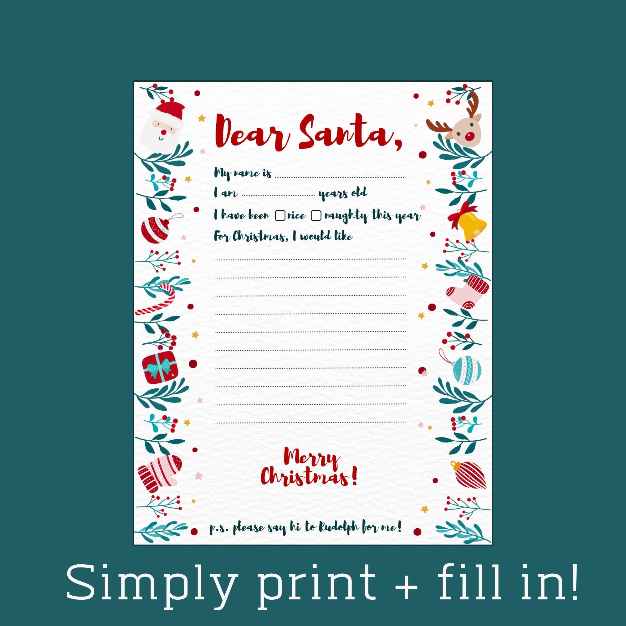 Dear Santa Letter | Instant Download | Letter to Santa Template | Cute ...