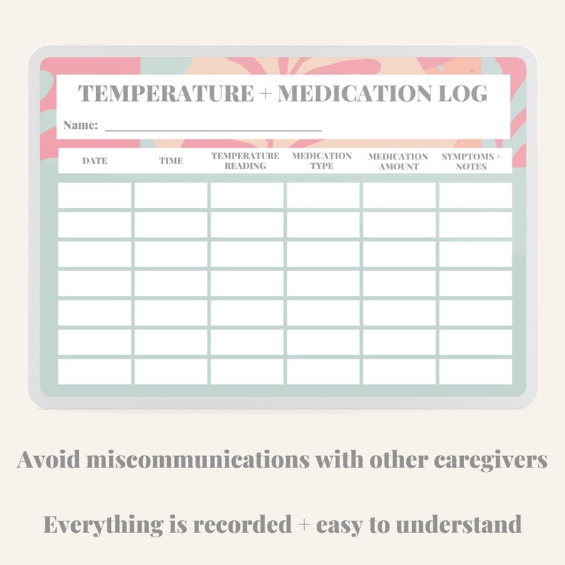 Medication Log for Kids Fever Log Temperature Log Medication Record ...