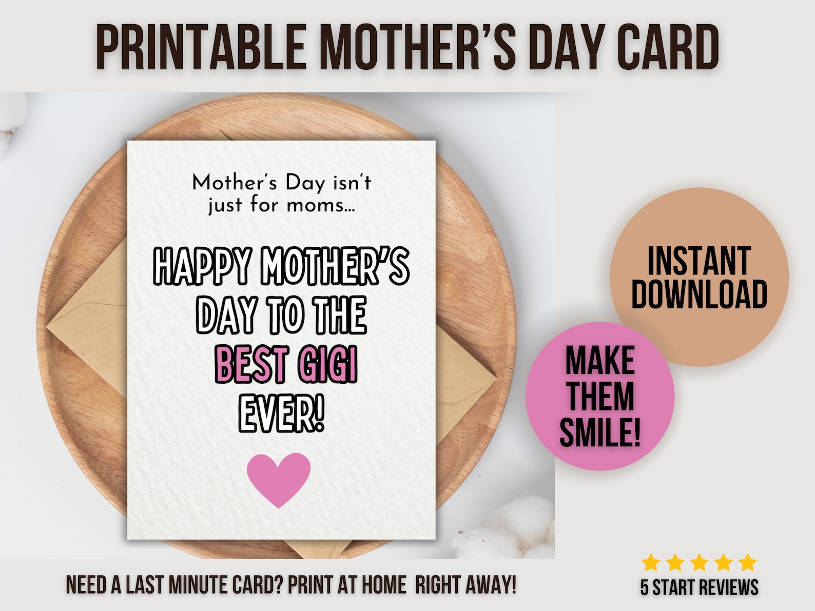 Printable Mother's Day Card for Gigi, Last Minute Mother's Day Card ...