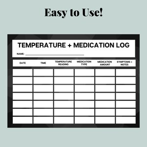 Fever Chart Medication Log for Kids Illness Fever Log Temperature Log ...