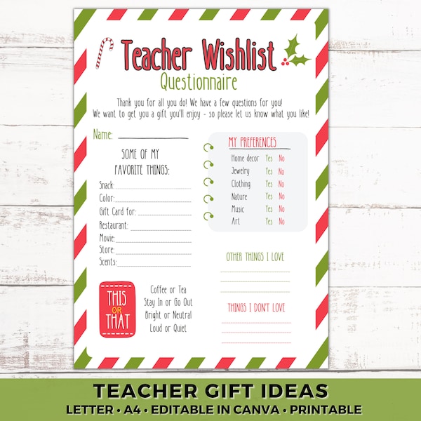 Editable Christmas Teacher Questionnaire - Etsy