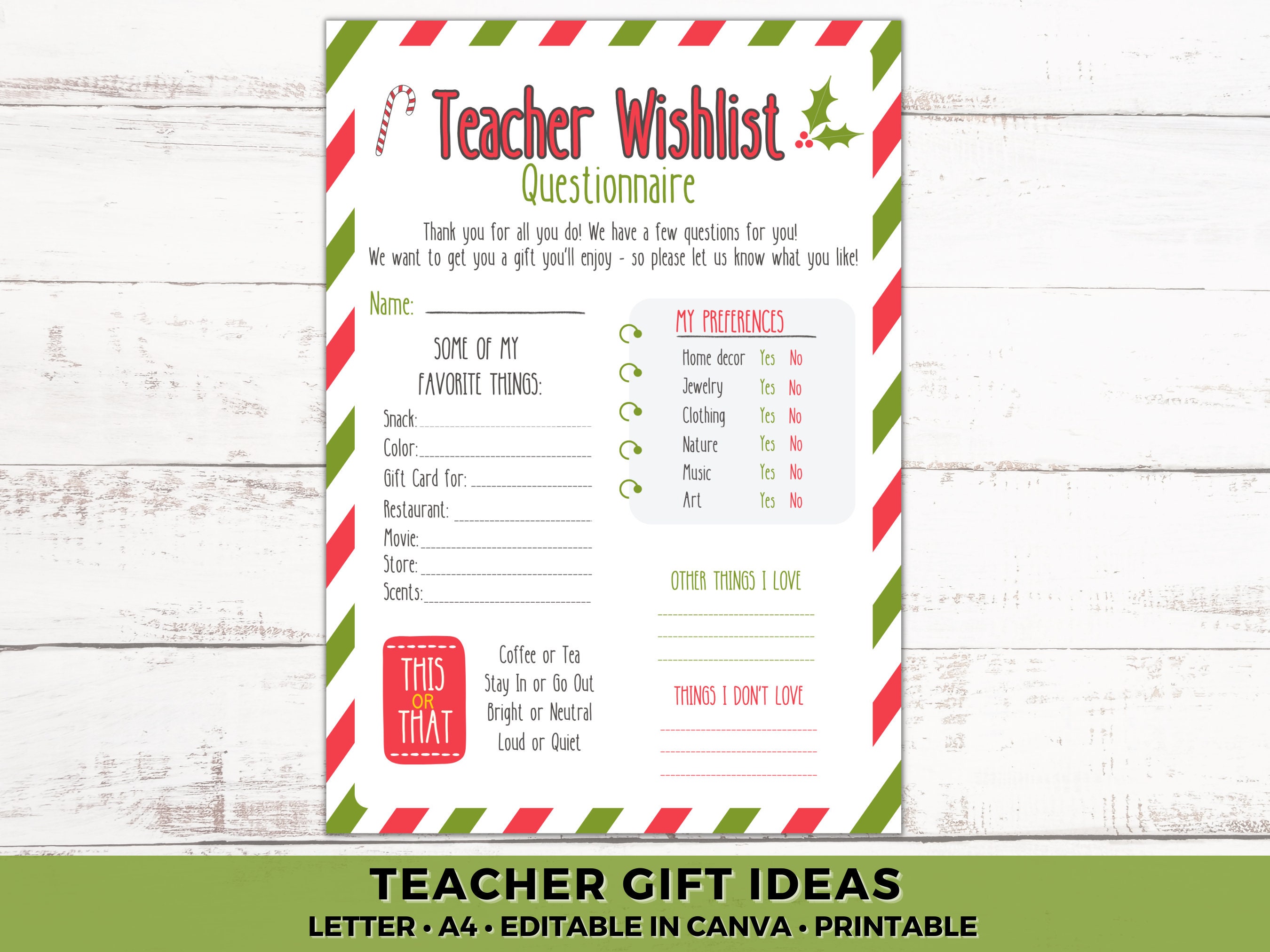 EDITABLE Teacher Christmas Wishlist Questionnaire Printable Questions ...