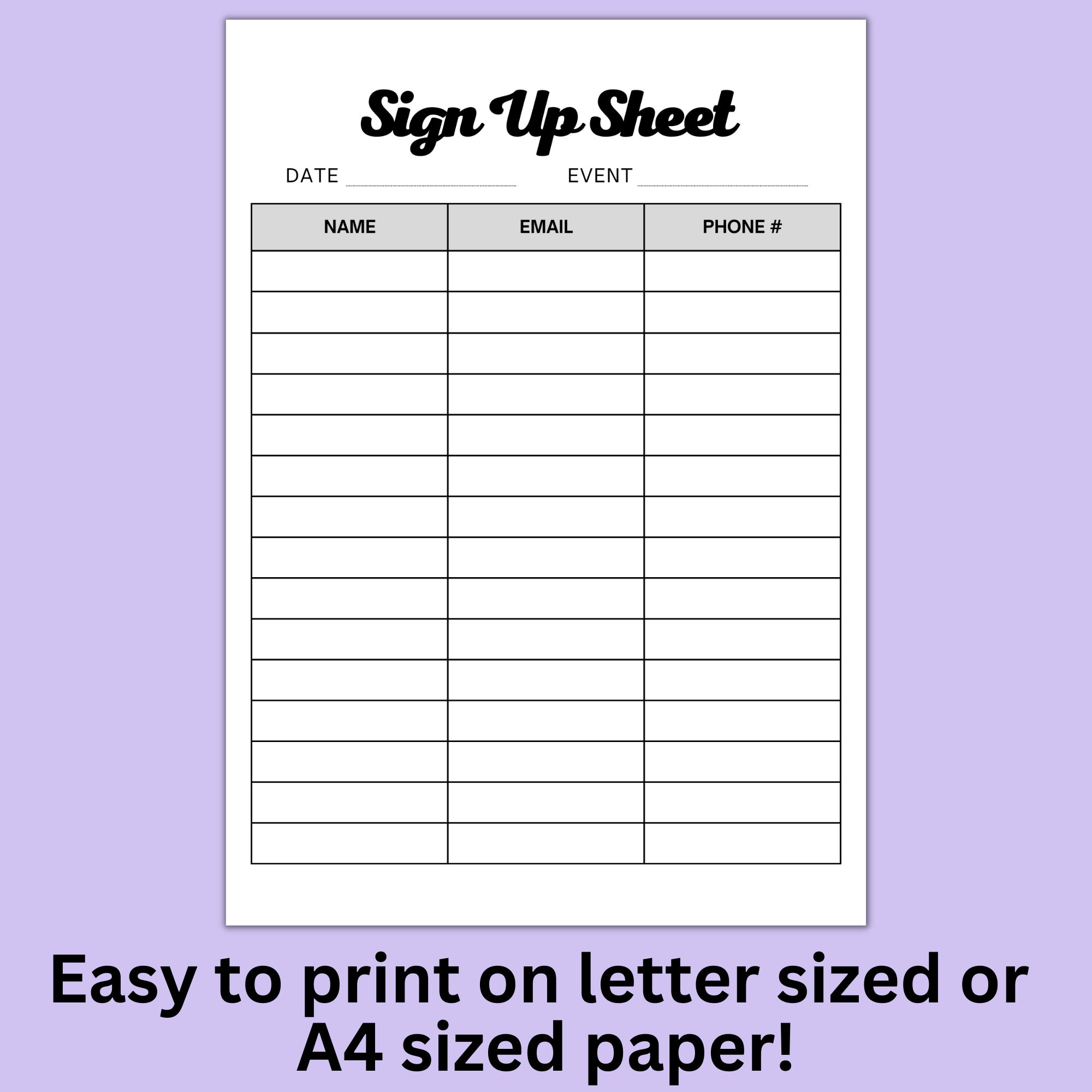 Minimalist Printable Sign up Sheet 4 Styles Included Email Sign up Form ...