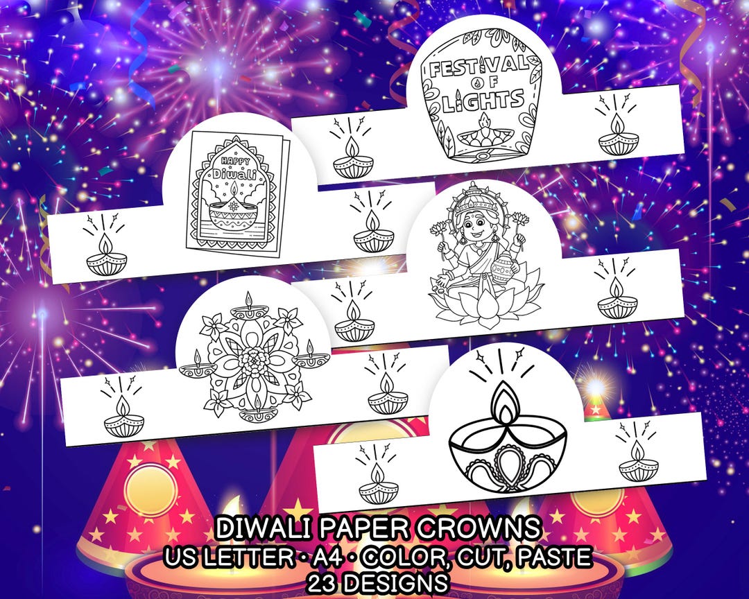 Diwali Paper Crown Coloring Craft Activity, Deepavali Party, Deepawali ...