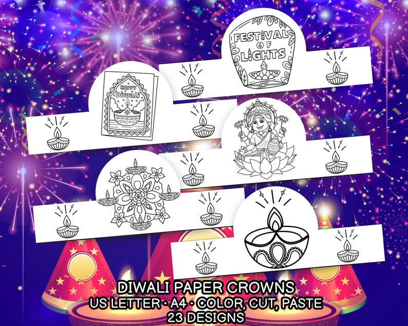 Diwali Paper Crown Coloring Craft Activity, Deepavali Party, Deepawali ...