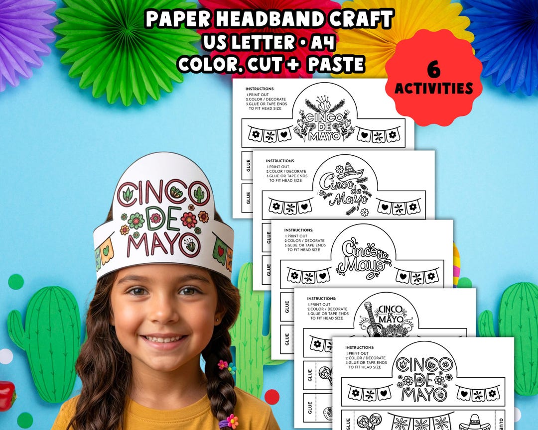 Cinco De Mayo Paper Hat Coloring Craft: Kids Headband Crown Activity ...