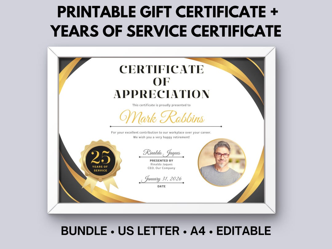 Years of Service Certificate of Appreciation With Custom Photo ...