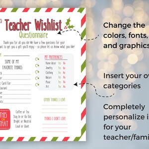 EDITABLE Teacher Christmas Wishlist Questionnaire Printable Questions ...
