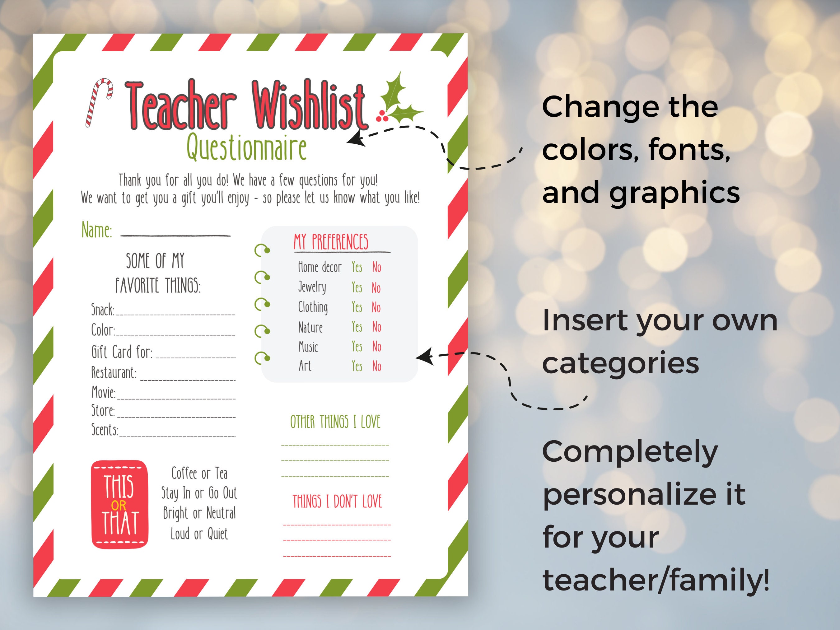 EDITABLE Teacher Christmas Wishlist Questionnaire Printable Questions ...