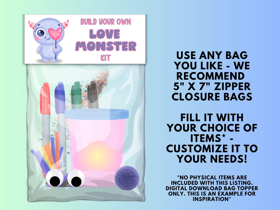 Printable Valentine's Love Monster Kit Bag Topper, Valentine Craft Kit ...