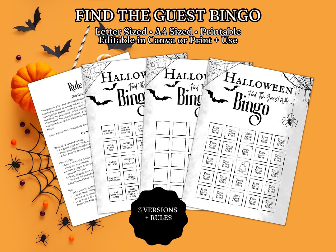 Halloween Find the Guest Bingo Game, Minimalist Halloween Party Bingo ...