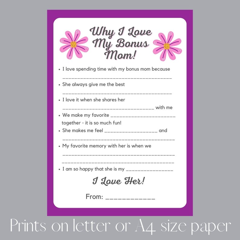 Why I Love My Bonus Mom Fill-in the Blanks Activity for Kids Happy ...